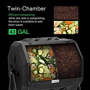 VIVOSUN Tumbling Composter Dual Rotating Batch Compost Bin with 5-Pack 5 Gallon Grow Bags, 43 Gallon Black Composter, Heavy Duty 300G Thickened Nonwoven Plant Fabric Pots