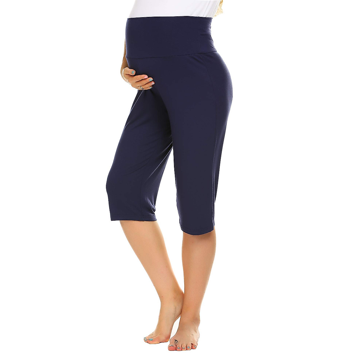 Ekouaer Maternity Capris for Women Maternity Shorts Yoga Pregnancy Short Pants Soft Joggers Lounge Bottoms Navy XL