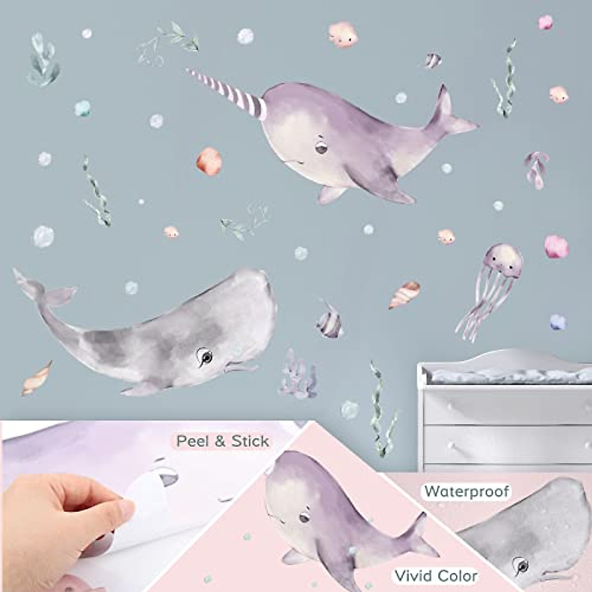 Big Fish Wall Stickers Dreamy Whale Wall Decals for Nursery Wall Decor Fairy Room Wall Stickers Peel and Stick Kids Decals for Girls Bedroom Living Room Wall Decor