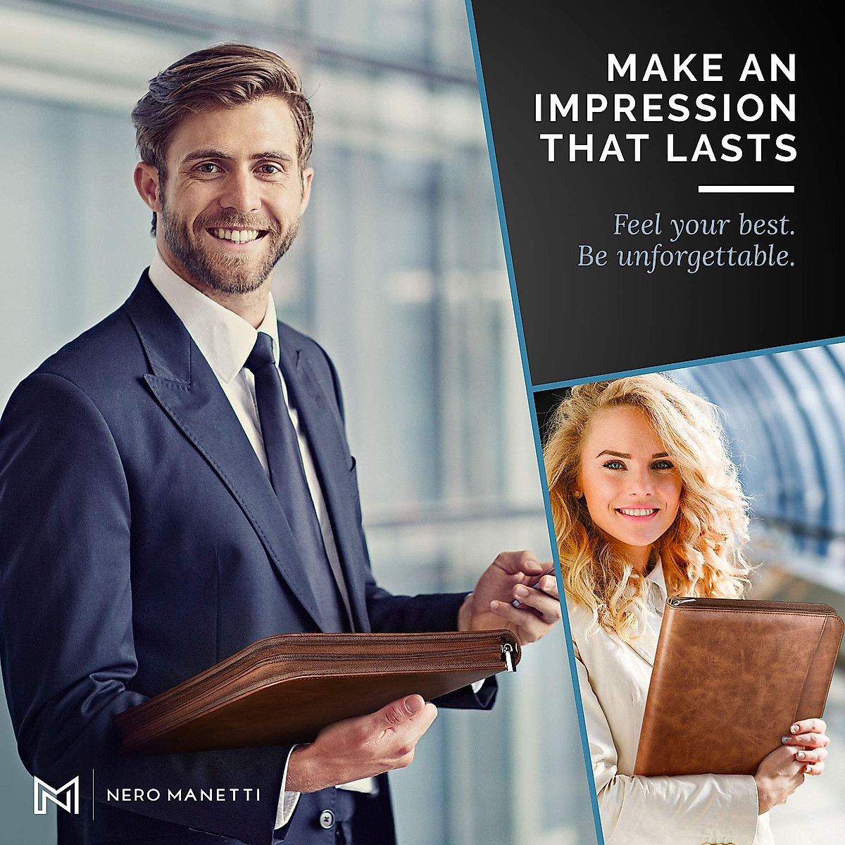 NERO MANETTI- Zippered Vegan Leather Padfolio/Portfolio Pad Holder-Business PU Leather Notepad Folder for Resumes, Interviews, iPad/Tablet, Phone, Legal Pad Notebook Executive Binder for Women, Men