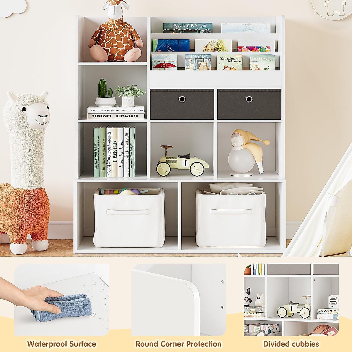 GAOMON 47.8in Kids Bookshelf with Drawers Wooden Toy Storage Organizer Modern Bookcase with Cubbies Floor Storage Cabinet White Toy Chest Playroom, Classroom, Nursery, Kids Room