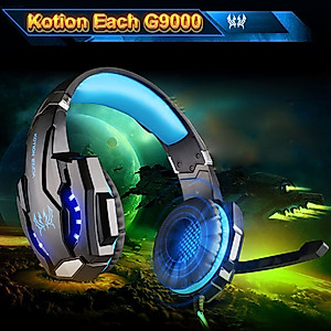 KOTION EACH G9000 Headset 3.5mm Game Gaming Headphone Earphone with Microphone LED Light for Laptop Tablet/Mobile Phones/ PS4 (Black Blue)