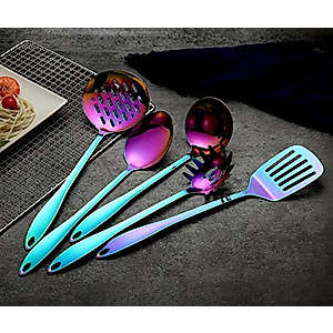 HOMQUEN Stainless Steel Kitchen Utensil Set - 5 Cooking Utensils, Rainbow Color Nonstick Kitchen Utensils Set, Colorful Titanium Plated Set Kitchen Tools Gadgets