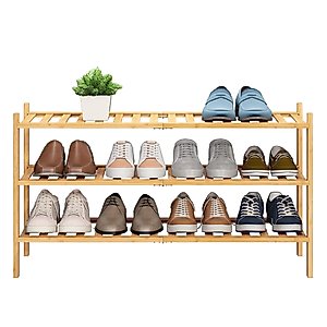 BMOSU 3-Tier Bamboo Extended Shoe Rack Premium Stackable Shoe Shelf Storage Organizer for Hallway Closet Living Room Entryway Organizer (Natural Bamboo)