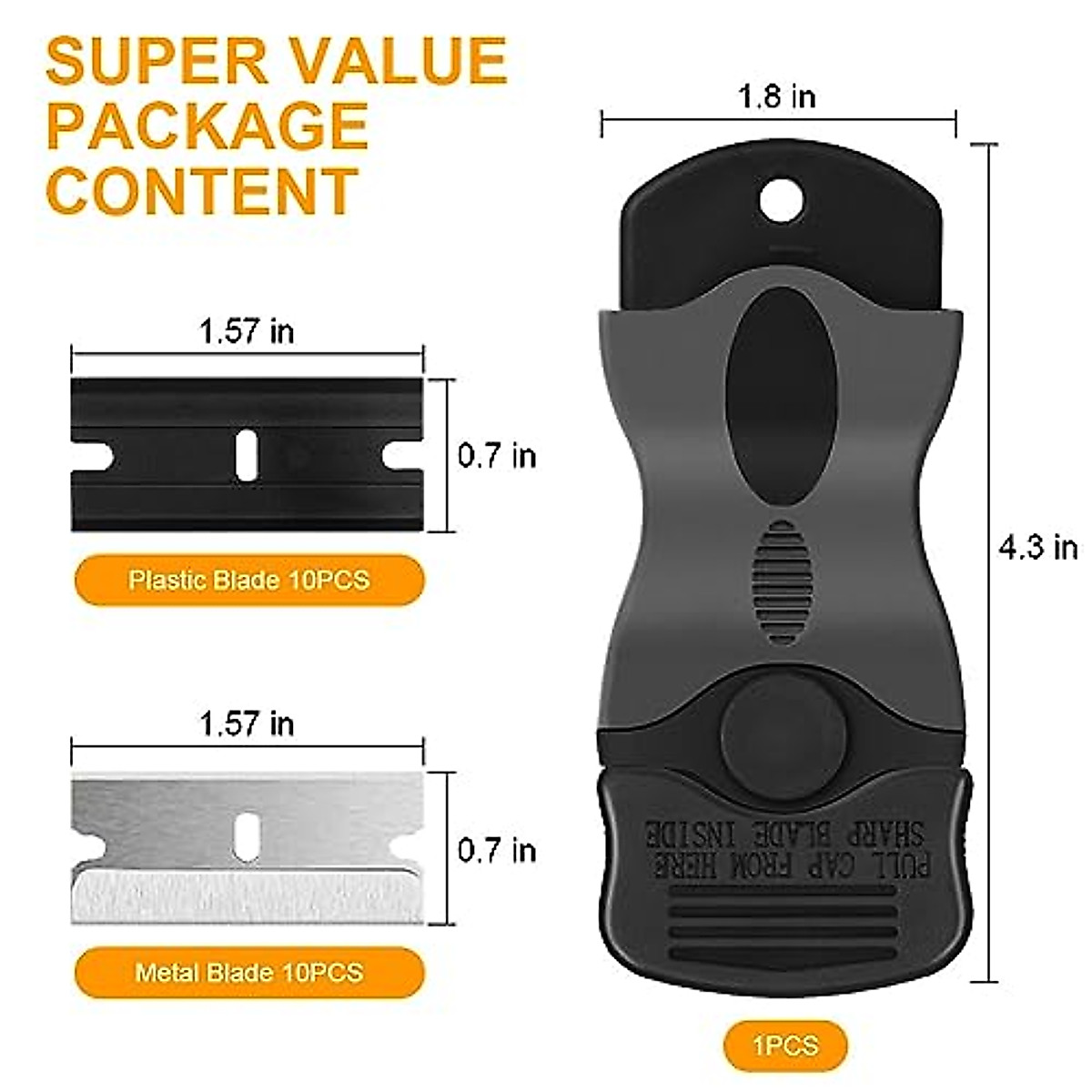 Ainiv Razor Blade Scraper, 2-in-1 Scraper Tool with 10PCS Metal Blades and 10PCS Plastic Blades, Multi-funtional Cleaning Razor Scraper for Decals, Stickers, Labels, Caulk, Adhesive, Paint Removal