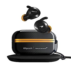 Klipsch T5 II True Wireless Sport Earphones McLaren Edition with Dust/Waterproof Case & Earbuds, Best Fitting Ear Tips, Ear Wings, 32 Hours of Battery Life, & Wireless Charging Case