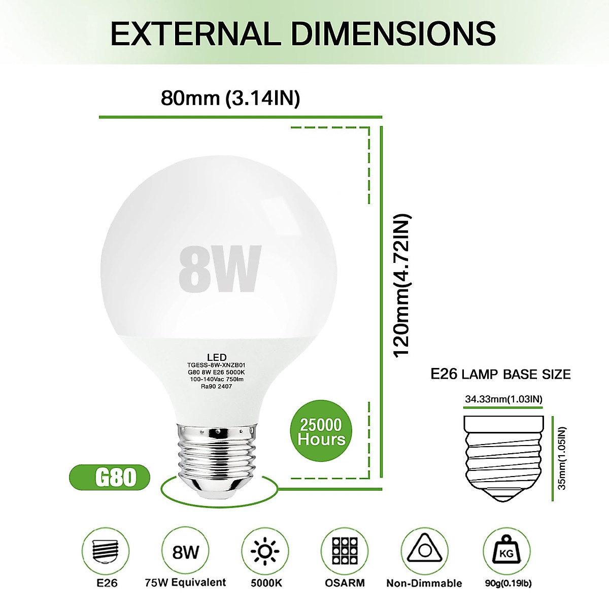 Jardhom Vanity Light Bulbs 8 Pack G25 LED Globe Light Bulb for Bathroom Vanity Mirror Decorative, E26 Base LED Round Light, 8W 75W Incandescent Equivalent, 5000K Daylight, Non-dimmable, 750 Lumens