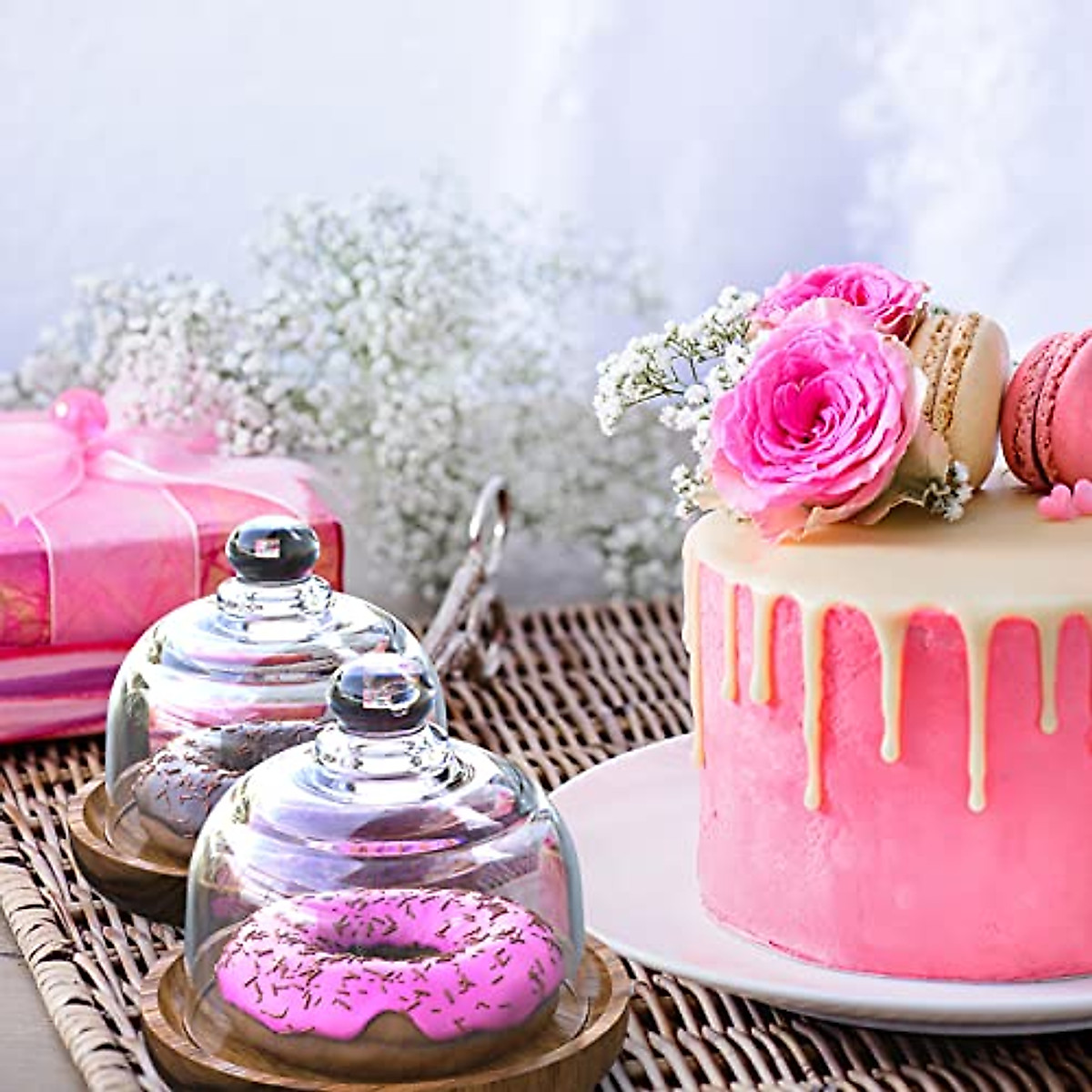 Yardwe 2 Sets Glass Dome with Wooden Base Mini Cake Stand Glass Display Dome Cloche Clear Glass Bell Jar Cover for Dessert Cheese Candy Plants Succulents (4.1 x 3.7 Inch)