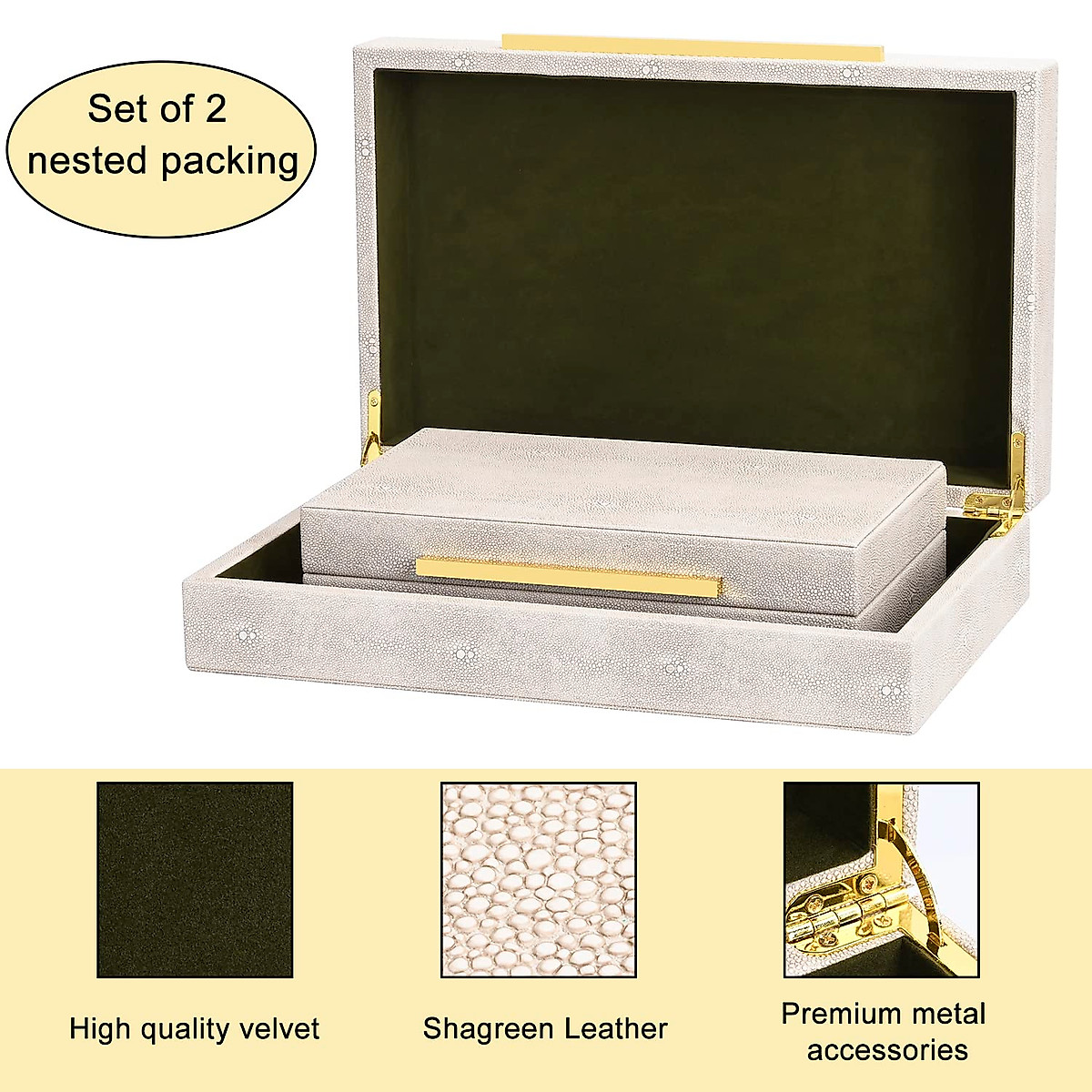 SYYSY Ivory Shagreen box Faux Leather Set of 2 Decorative Boxes,Large Stacking Storage Decorative Boxes with Lids for Modern Home Decor Jewelry Box Organizer