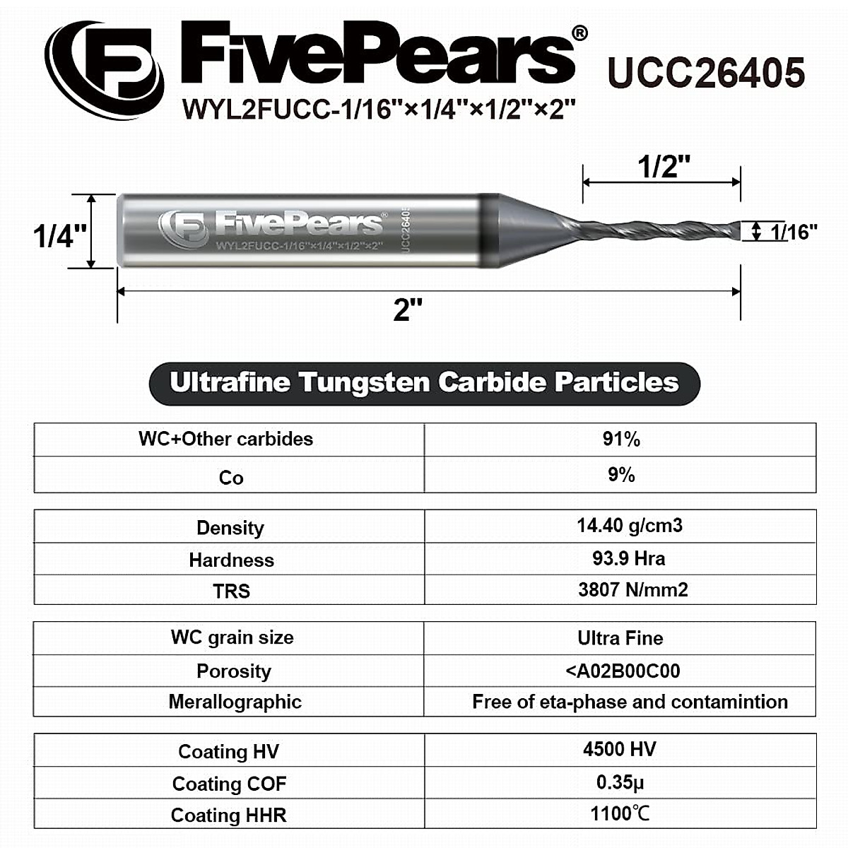 FivePears Up Cut Spiral Router Bit for CNC with Extreme Life Coated, 1/16" Cutting Diameter, 1/2" Cutting Length, 1/4 inch Shank Carbide End Mill for Wood Carving Engraving Grinding Grooving
