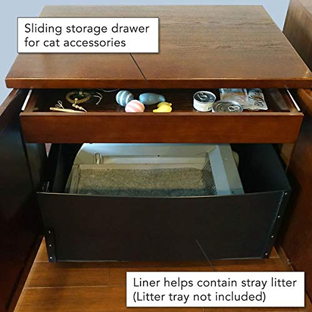 THE REFINED FELINE Cat Litter Box Enclosure Cabinet, Modern, Mahogany Brown, Tulip Feet, XLarge, Hidden Litter Cat Furniture with Drawer