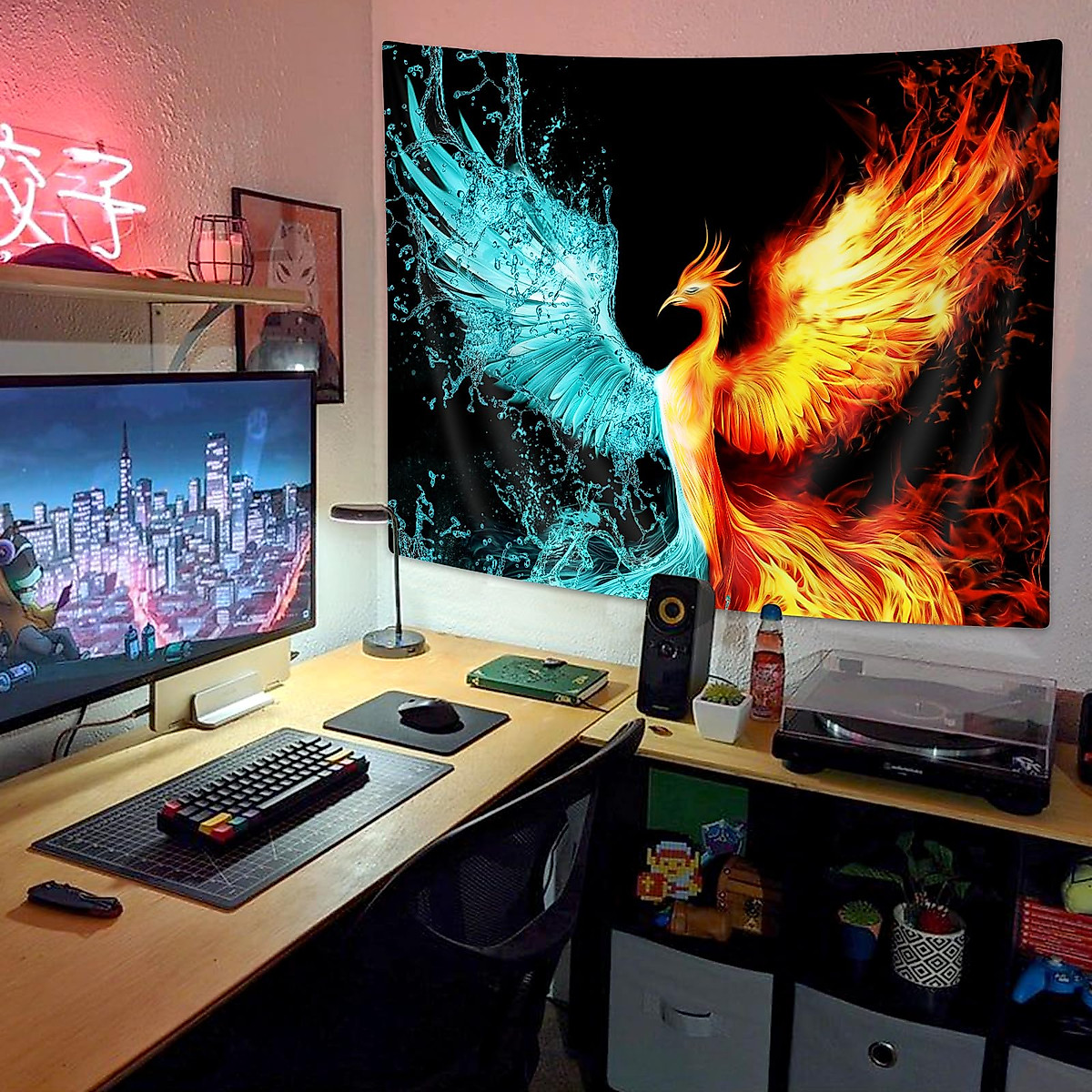 Fantasy Phoenix Tapestry, Water Ice and Fire Rising Phoenix Animal Anime Wall Hanging for Bedroom, Aesthetic Tapestry for Men Beach Blanket College Dorm Home Decor(60X40)