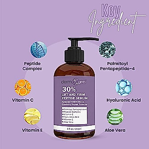 DERMAXGEN Lift And Firm 30% Peptide Serum - Matrixyl 3000, Vitamin C & E + Hyaluronic Acid + Aloe Vera | Collagen Booster, Skin Tightening & Anti-aging Formula - (8 FL OZ) For All Skin Types