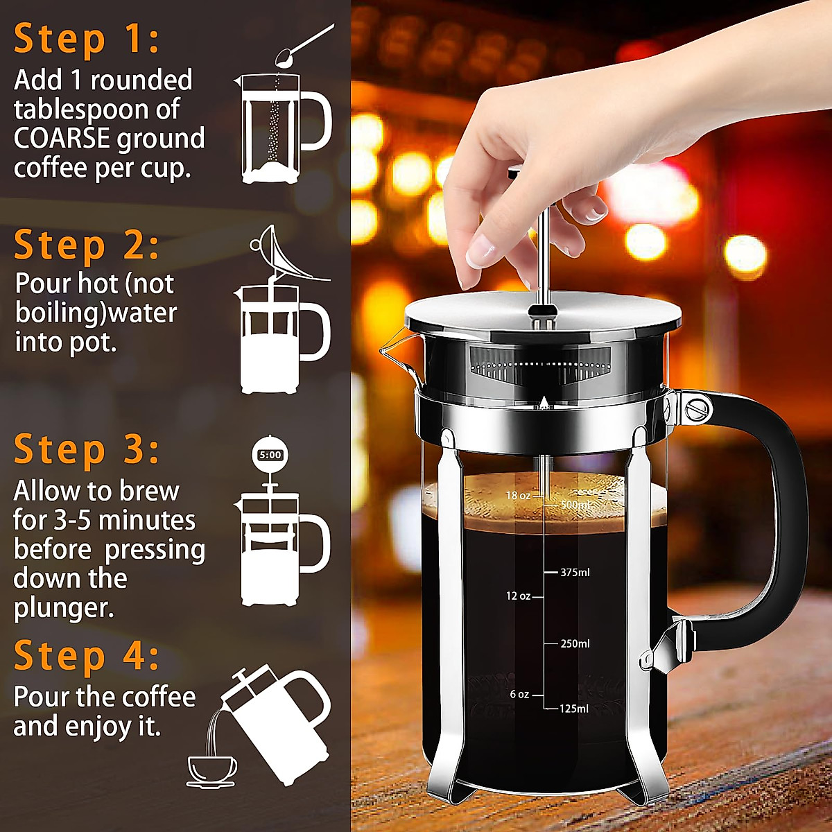 YMMIND French Press Coffee Maker 304 Stainless Steel Coffee Press,with 4 Filters System, Heat Resistant Thickness Borosilicate French Press Glass, BPA-Free Brewed Tea Pot Coffee Plunger