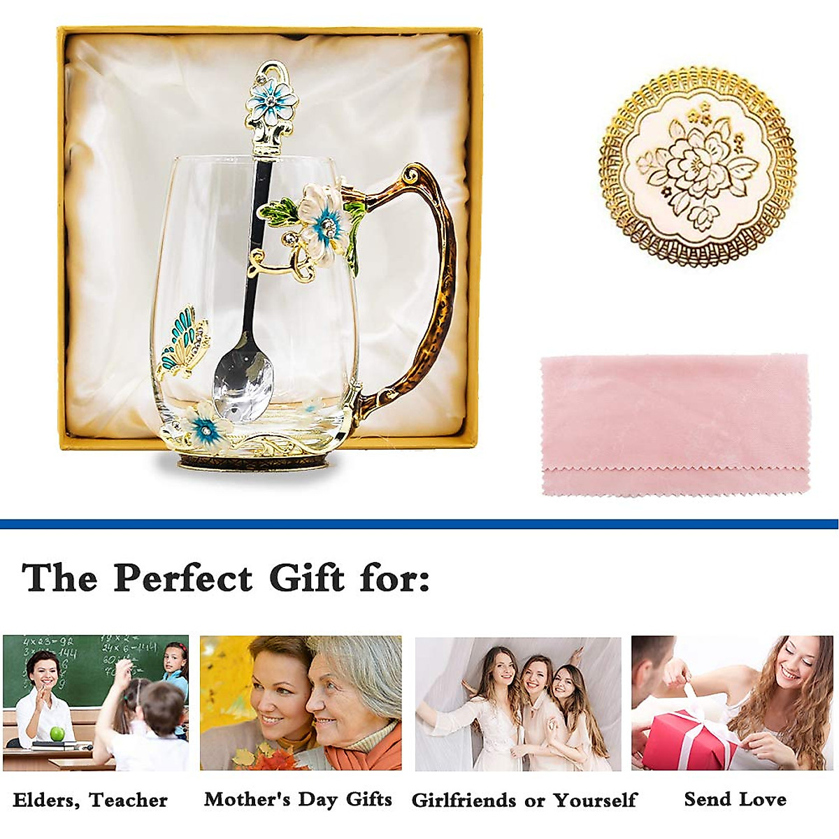 Tea Cup Glass Coffee Mugs(12 oz), Handmade Enamel Cups with Spoon Set, Mother's Day Gifts for Mom/Grandma, Birthday Wedding Anniversary Christmas Gifts for Women. (Light Blue,Tall)