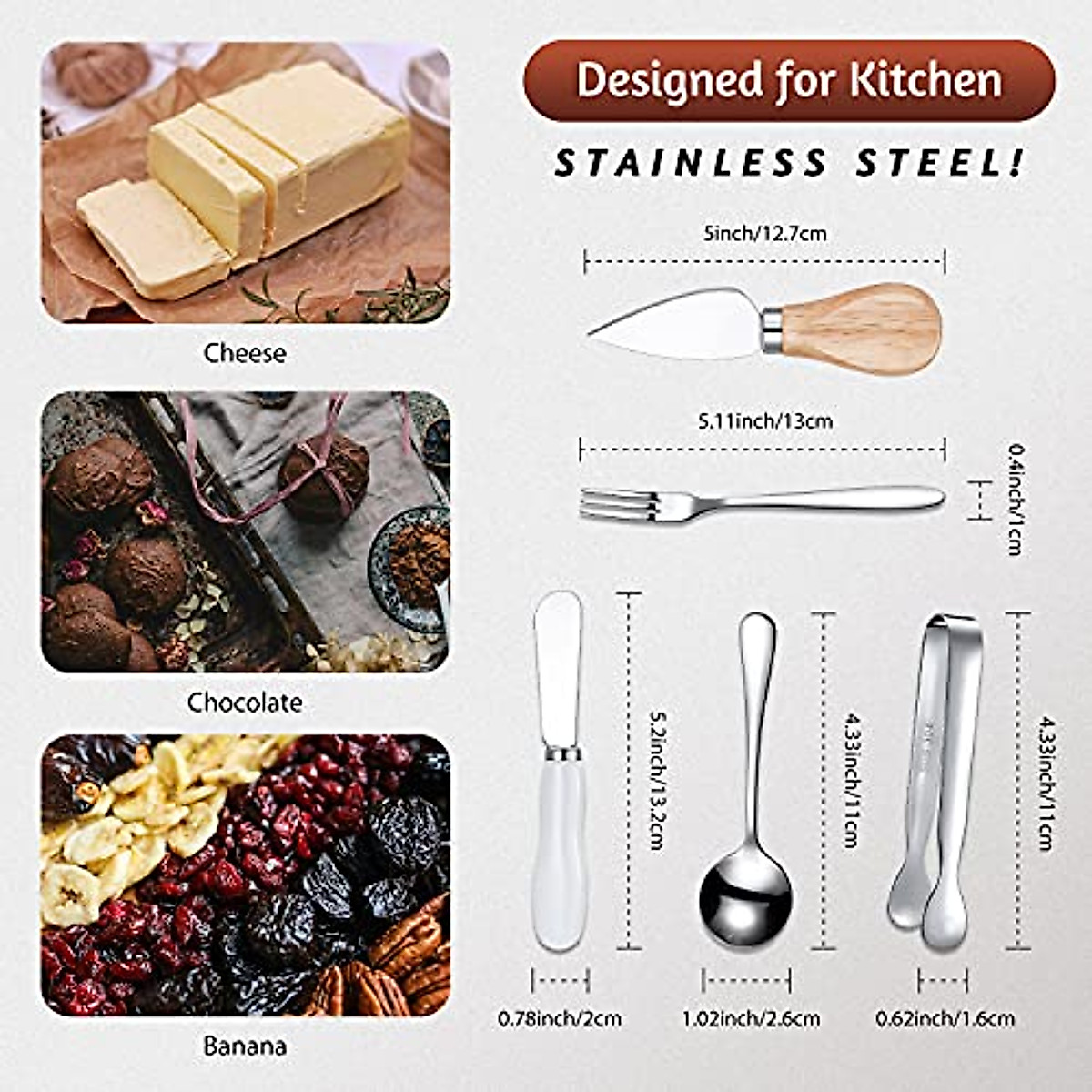 20 Pieces Cheese Butter Knife Set Charcuterie Board Accessories Spreader Slicer Knife Stainless Steel Blade with Porcelain Wooden Handles Mini Serving Tongs Spoons Forks for Christmas (Chic Style)