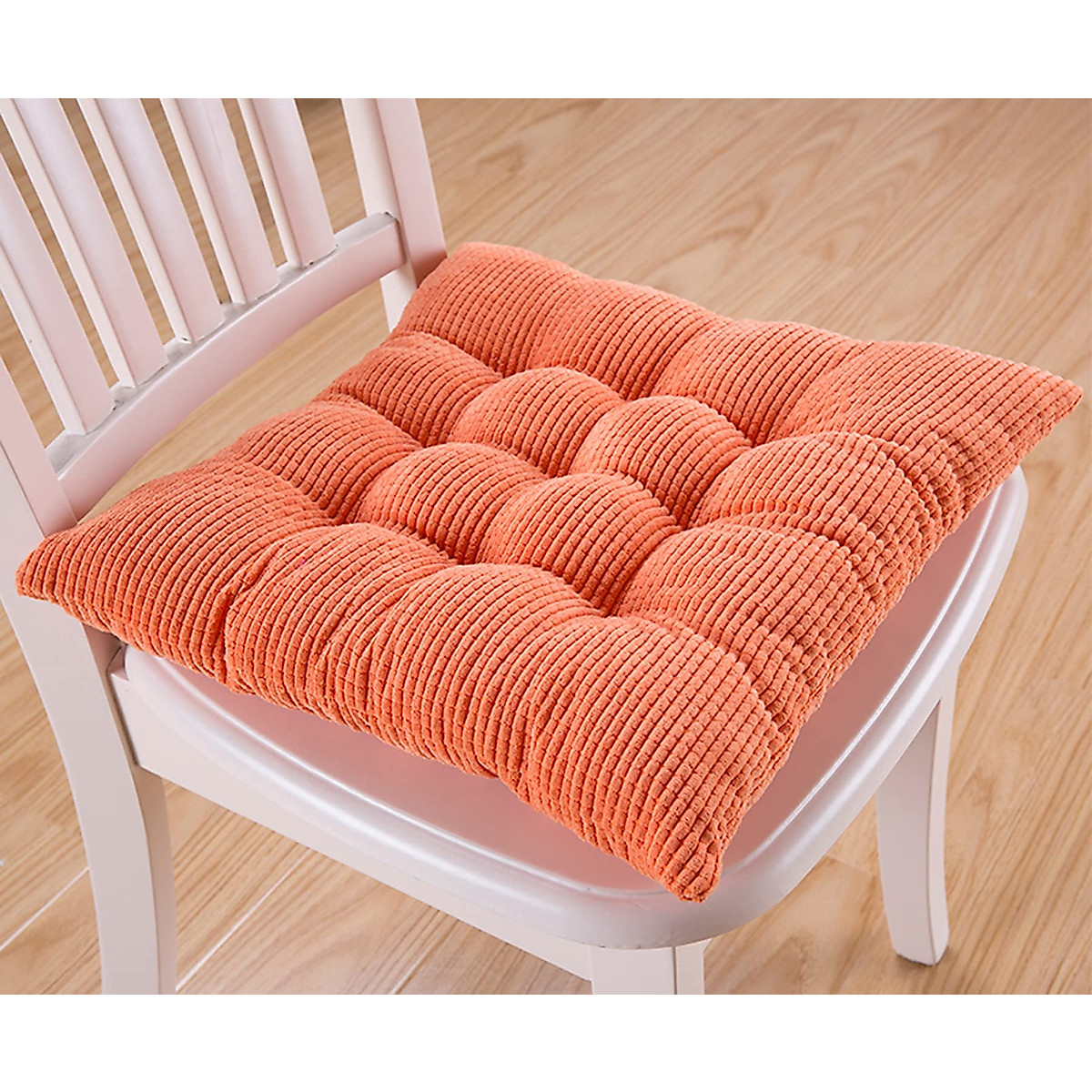 Corduroy Chair Cushion with Ties, Nonslip Tufted Seat Cushions Kitchen Dining Chair Pads with Ties Office Car Sitting Chair Pads (17in X 17in, Orange)