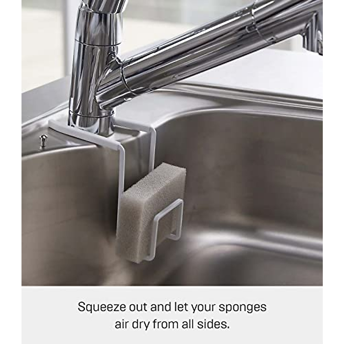 YAMAZAKI home 4388 Faucet-Hanging Sponge Holder-Kitchen Organizer Sink Rack Basket, One Size, White