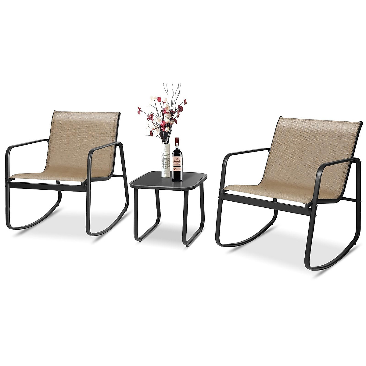 SOLAURA 3 Piece Patio Rocking Bistro Set, Textilene Fabric Outdoor Furniture, Porch Chairs Set with Glass Table for Lawn, Garden, Balcony, Poolside, Khaki