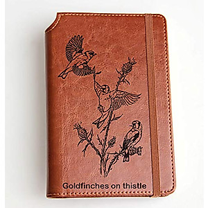 Goldfinches on Thistle journal with custom text leather bound, strip with the same color to keep it closed, jotter, scribbling pad, pet loss journal