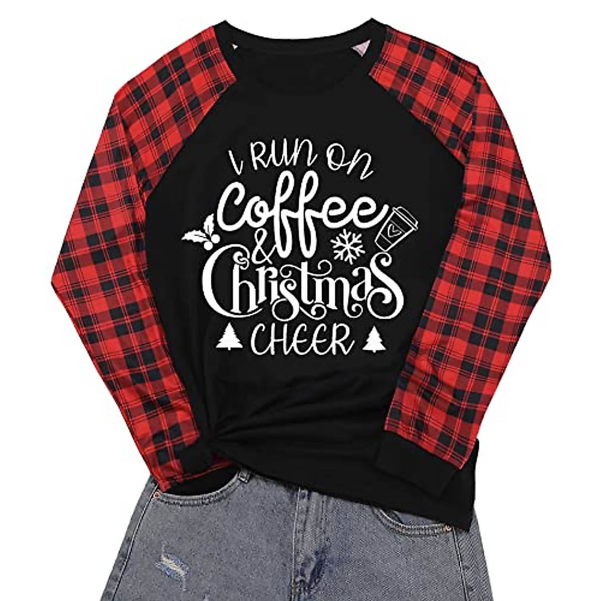 Christmas Shirts for Women I Run On Coffee and Christmas Cheer T-Shirt Raglan Xmas Holiday Tops Tee