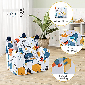 Costzon Kids Couch, Foam Filled Children's Sofa Armchair with Padded Pillow, Washable Velvet Cover & Soft Sponge Filling, Upholstered Sofa Chair Gift for Preschool, Playroom, Toddler Couch (Dinosaur)