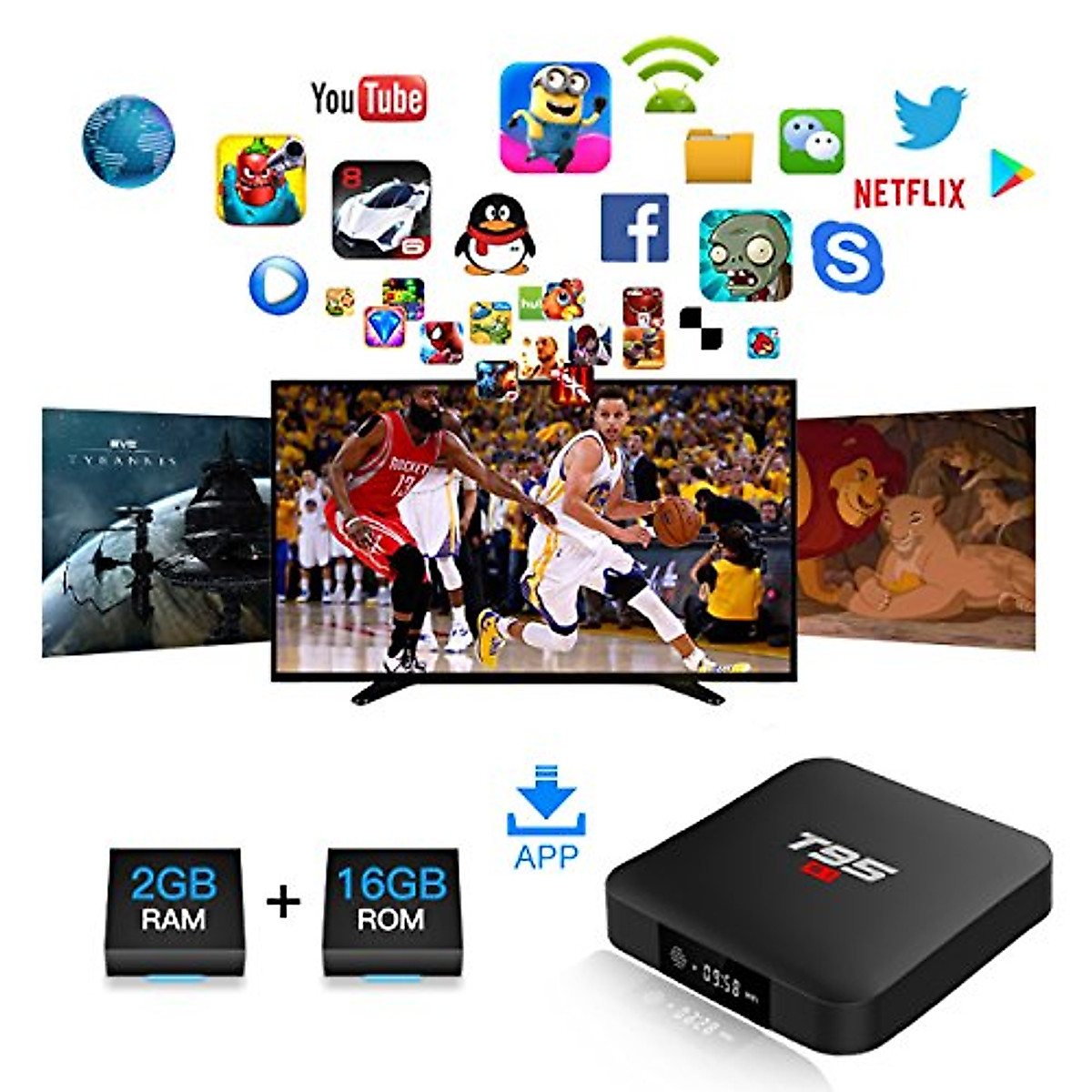 TUREWELL T95 S1 Android TV Box, Android 7.1 tv Box Amlogic S905W Quad Core 2GB RAM 16GB ROM Smart Media Player with Digital Display HD 4K Ethernet WiFi 2.4GHz
