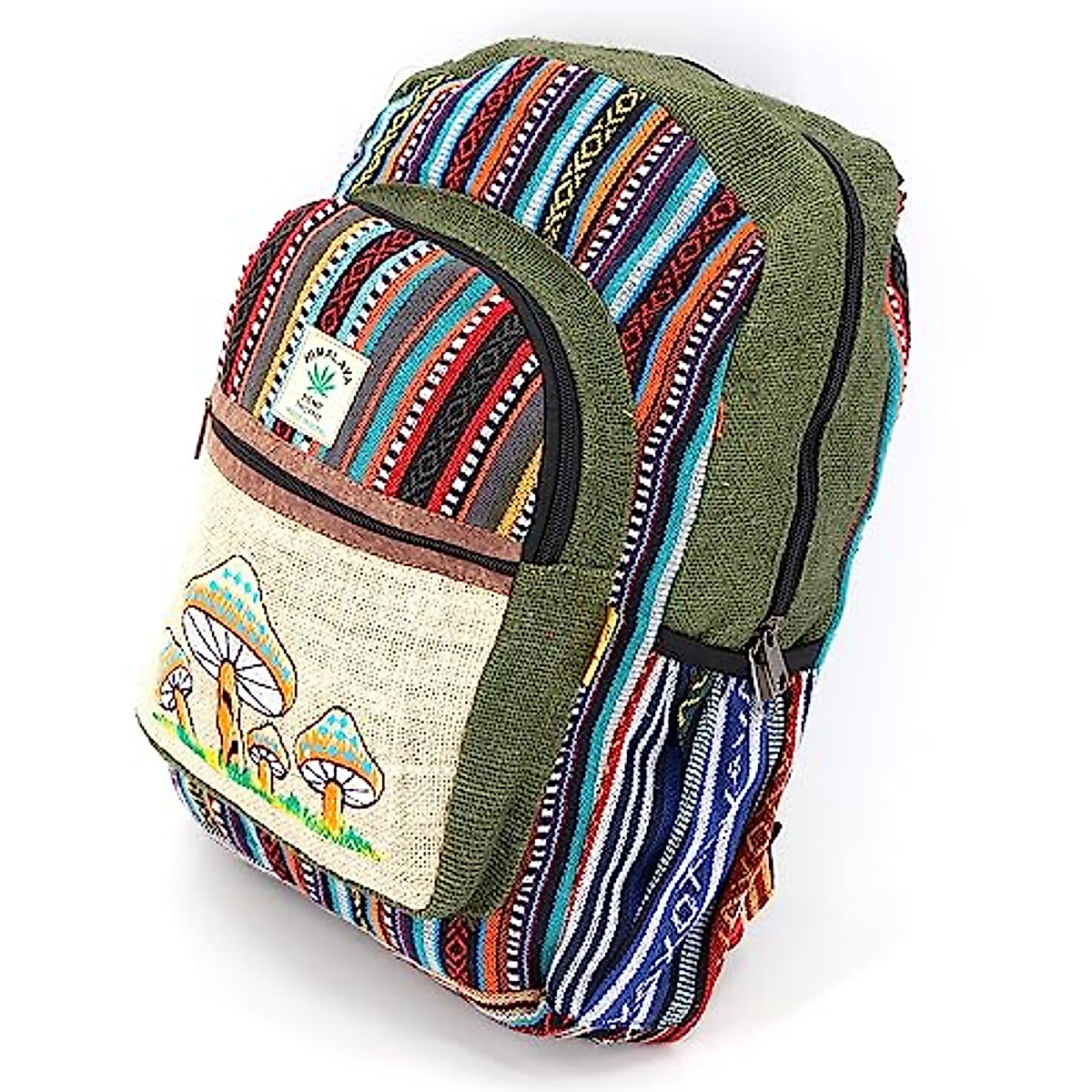 Unique Mushroom Embroidered Tie Dye Himalaya Hemp Large Hippie Backpack Festival Backpack FAIR TRADE Handmade with Love. (GREEN)