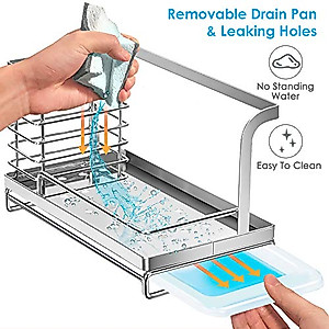 Nieifi Sink Caddy Organizer Countertop Sponge Brush Soap Holder with Drain Pan Stainless Steel for Kitchen