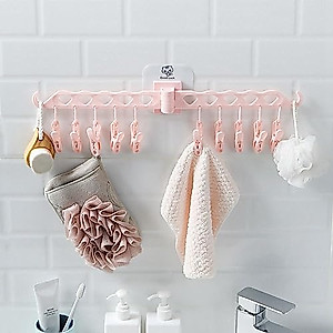 Rotatable Cloth Hanger with 10 Clips, Wall Mount Foldable Clothes Drying Laundry Rack Bra Socks Drying Rack Hooks Bathroom Organizer(Pink)