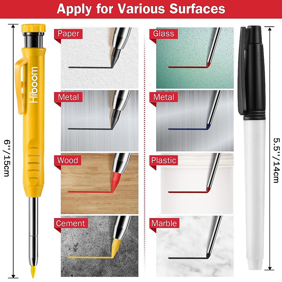 Mechanical Carpenter Pencil Set, 3 Pcs Woodworking Pencil with Built in Sharpener and 12 Pcs Refills, 3 Pcs Long Nose Deep Hole Marker Pen, Scriber Marking Tools for Architect (Red, Black, Yellow)