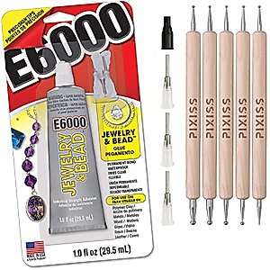 E6000 Jewelry Bead Adhesive Glue for Jewelry Making with 4 Precision Applicator Tips and Pixiss Art Dotting Stylus Pens 5 pcs Set - Rhinestone Applicator Kit