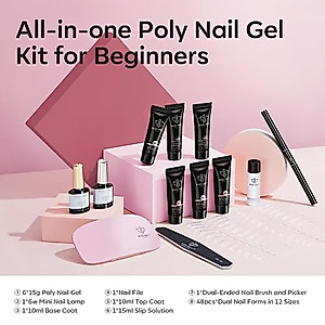 Modelones Poly Nail Extension Gel Kit - 6 Colors Poly Nails Gel Kit Nude Clear Black Pink All In One Starter Kit Builder Glue Gel with Nail Lamp Base Top Coat Set for Beginner DIY at Home Gifts