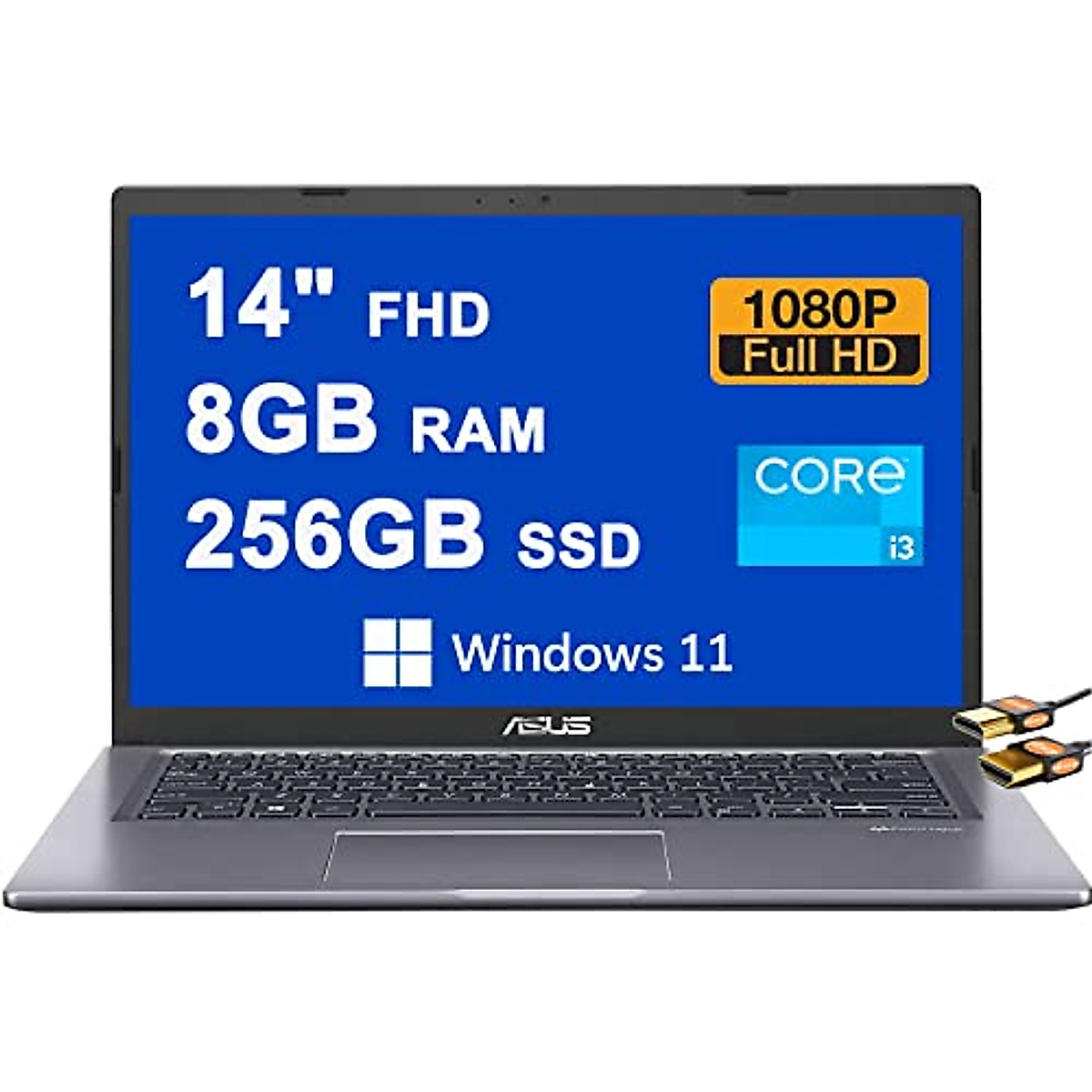 ASUS VivoBook F415 14 Business Laptop 14" FHD Anti-Glare Display 11th Generation Intel core i3-1115G4 Processor 8GB RAM 256GB SSD Intel UHD Graphics Backlit Fingerprint USB-C Win11 Gray + HDMI Cable