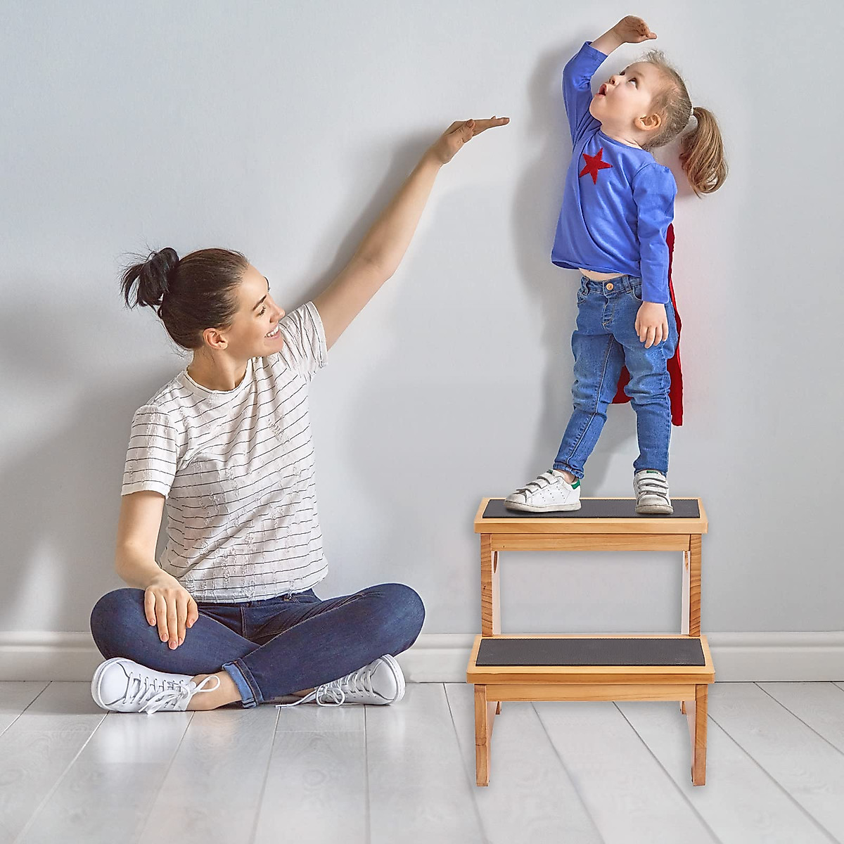 Wooden Step Stool Kids Toddler Foot Stools for Kids Potty Training Stool 2 Step Stool for Kitchen Sink Bathroom Two Step Stool with Handle Natural