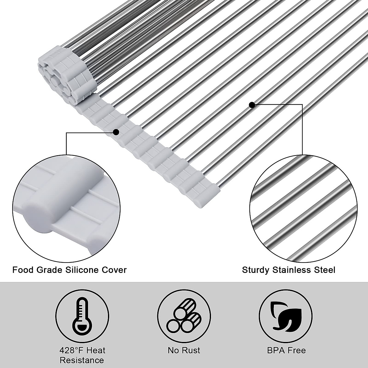 Elyum Dish Drying Rack Over The Sink Dish Drying Rack Stainless Steel Roll Up Dish Drying Rack Foldable Dish Rack for Kitchen Counter Dishes Cups Bottles Fruits Forks (17.7” x 10.2”, Gray)