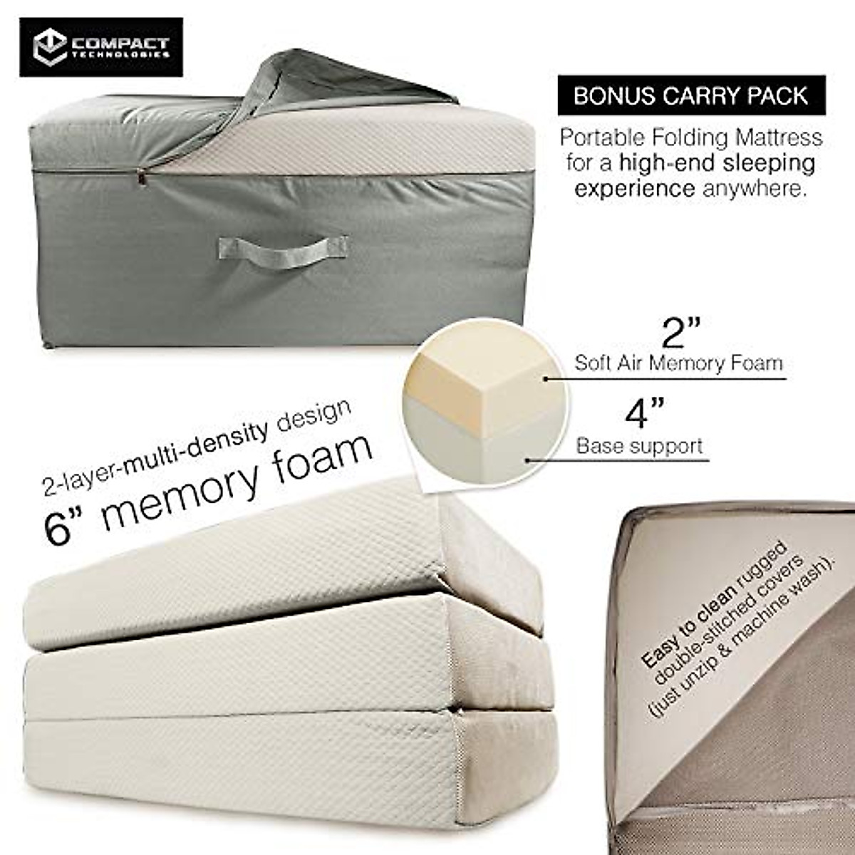 Portable Mattress - Folding Memory Foam Guest Fold Up Bed w/Case | Tri-Fold (6 Inch) Travel Away Floor, Futon & Camp Cot Topper for Fast Trifold Foldable (Fold-Up & Fold-Out) Sleep Comfort (Twin)