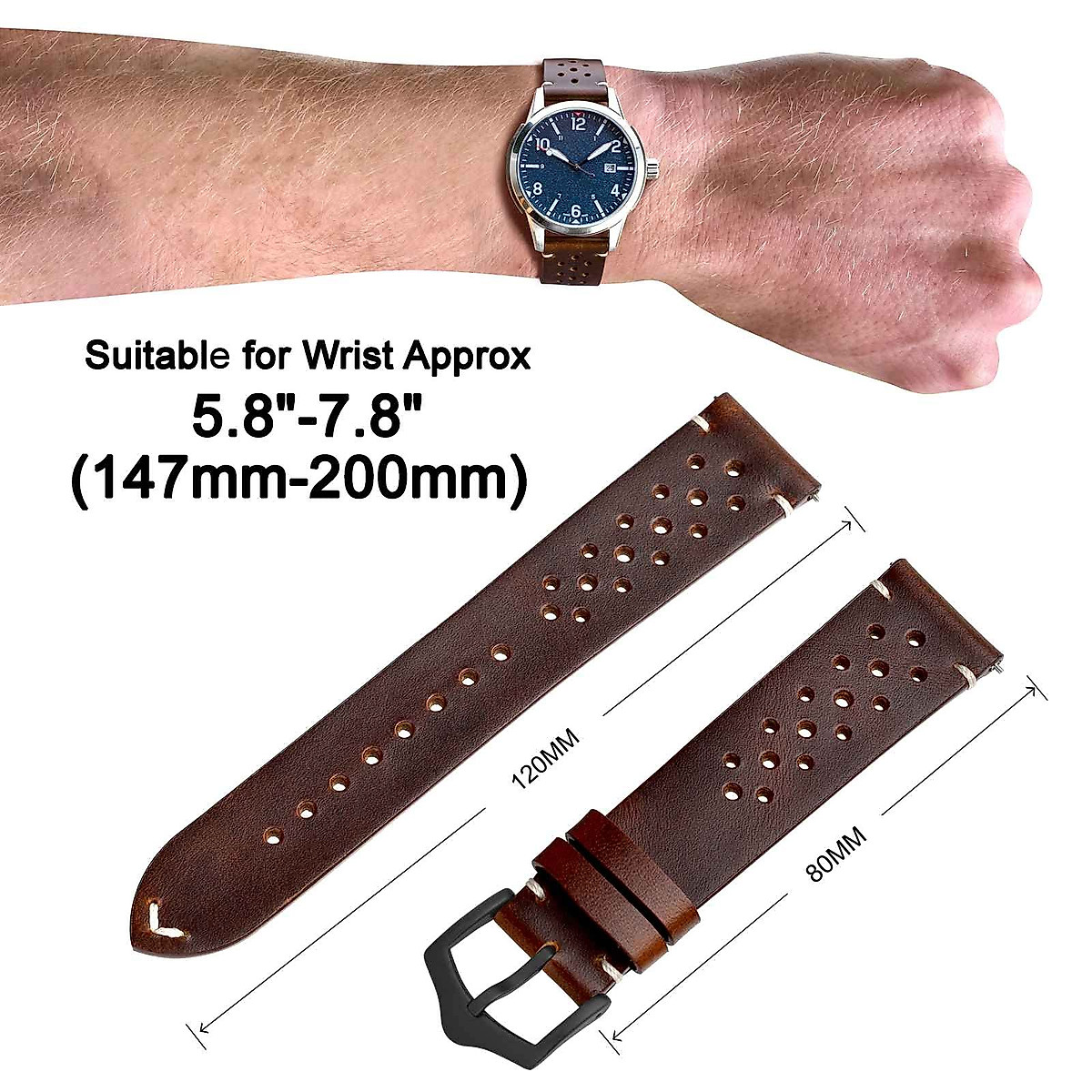 ANNEFIT Vintage Leather Watch Strap 22mm, Quick Release Replacement Band for Men and Women with Black Buckle (Brown)