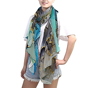 Mixed Blue, Grey, Golden Alcohol Ink Abstract Marble Texture Women Long Silk Scarf, Shawl Chiffon Large Stole Headscarf, Lightweight Sunscreen Satin Scarves Wraps for Wedding Party Gift