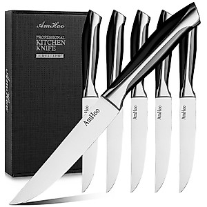 AmHoo Steak Knives Set of 6 Non Serrated 5-inch High Carbon Stainless Steel Ultra Sharp ABS Handle