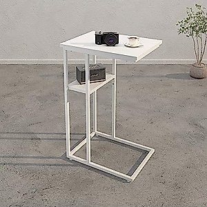 Innerjoin C Shaped End Table, Side Table with Metal Frame, TV Tray Table for Couch, Sofa Table for Living Room Bedroom, Bedside, Rustic Vintage Style, White