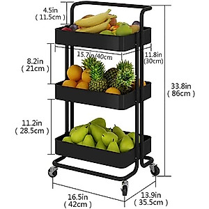 MULIKE 3 Tier Rolling Cart,Black Metal Storage Organizer Utility Cart on Lockable Wheels, for Kitchen,Living Room,Office,Bathroom (Black)