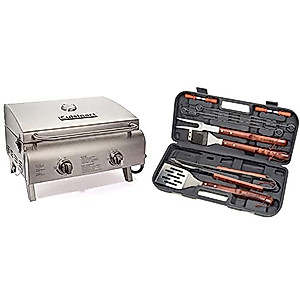 Cuisinart CGG-306 Chef's Style Portable Propane Tabletop 20,000, Professional Gas Grill, Two 10,000 BTU Burners, Stainless Steel & CGS-W13 Wooden Handle Tool Set (13-Piece), Black