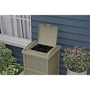 Suncast Small Deck Box-Lightweight Resin Indoor/Outdoor Storage Container and Seat Cushions and Gardening Tools Store Items on Patio & 33 Gallon Hideaway Trash Can for Patio - Resin Outdoor