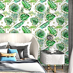 STICKEEP Tropical Wallpaper Peel and Stick Modern Green Palm Leaf Wall Paper Self Adhesive Botanical Floral Peel and Stick Wallpaper for Bedroom Walls Bathroom Living Room Cabinets 24" x 118"