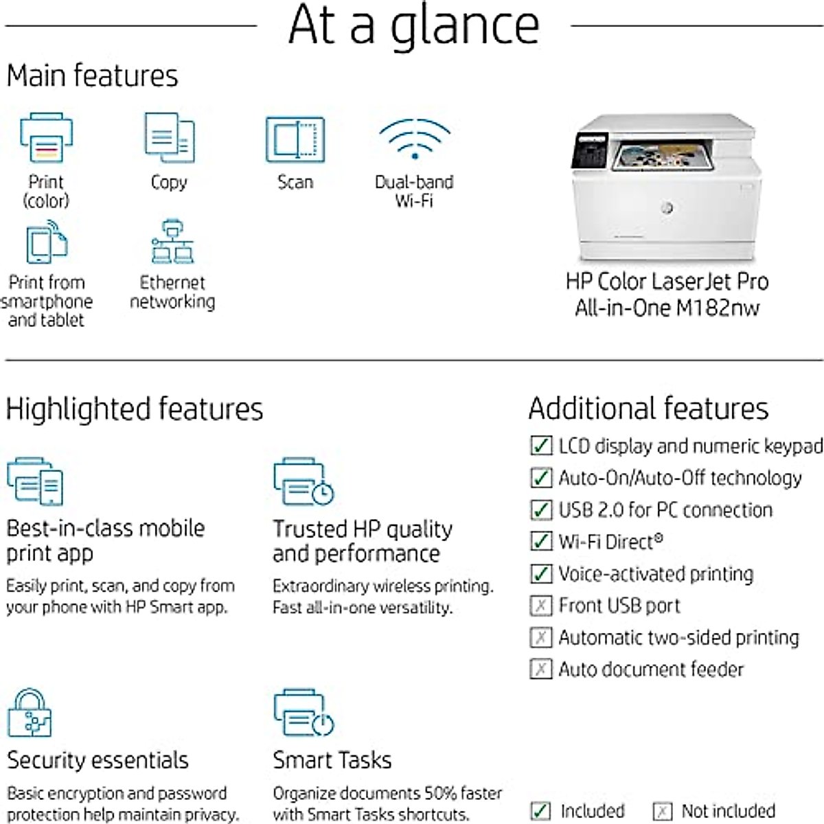 HP Color Laserjet Pro MFP M182nw All-in-One Wireless Laser Printer, White - Print Scan Copy - 17 ppm, 600 x 600 dpi, 8.5 x 14, 2-Line LCD with Numeric Keypad Display, Ethernet, Cbmou Printer Cable