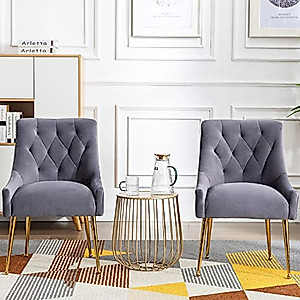 KINWELL Upholstered Dining Chairs Set of 2, Modern Accent Side Chair with Tufted Back and Pull Handle, Velvet Armchair Desk Chair with Gold Metal Legs for Living Room, Home Office,Vanity (Gray)