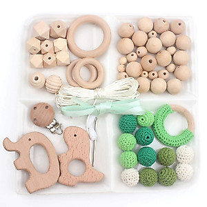 Teething Kit Baby Wooden Beads Rings Supplies, Make Your Own Baby Chew Jewelry, DIY Teether Necklace, 61pcs, Green