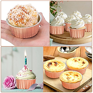 Gejoy 200 Pack Aluminum Foil Cupcake Baking Cups 5oz Rose Gold Cupcake Liners Dessert Cups with Lids Disposable Cupcake Cups Mini Cake Containers Flan Molds Tin Mini Muffin Liners for Wedding Birthday
