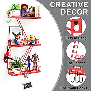 Beskadi Fire Escape Wall Shelf Red, Fire Escape Ladder 3 Story Shelf Wall Storage, New York Inspired Cool Bookshelf Metal Shelves, New York Action Figurine Display Shelf for Bathroom, Living Room.
